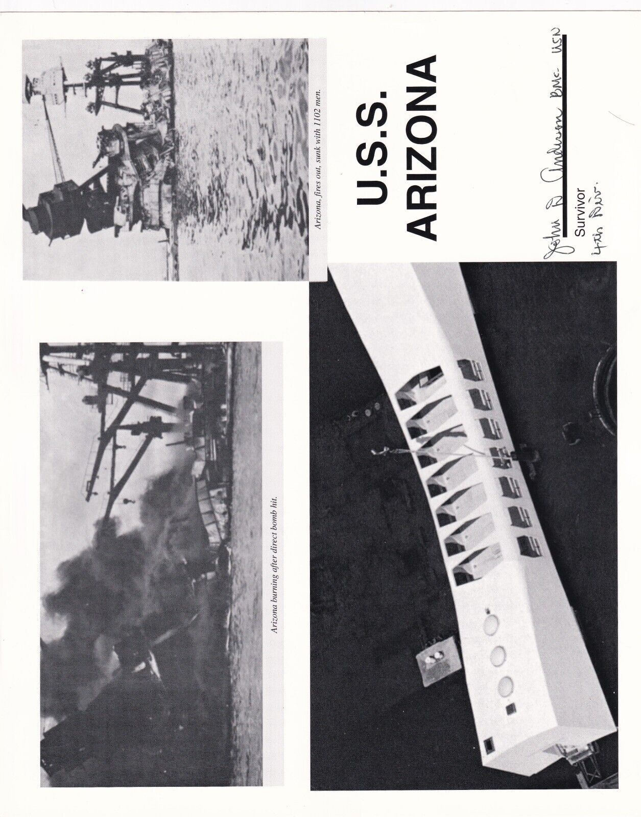USS Arizona Memorial Photo signed by John Anderson BMC, USN, 4th Div ...
