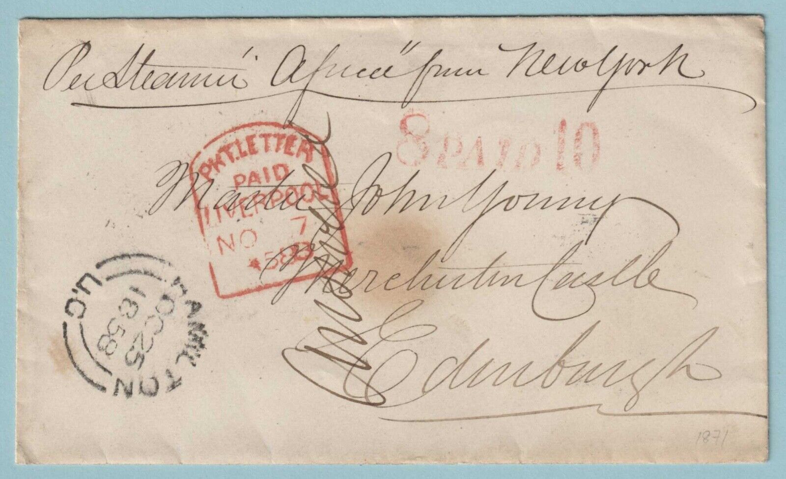 Stampless Letter Packet Letter Steamer "Africa" 1858 to Edenburgh ...