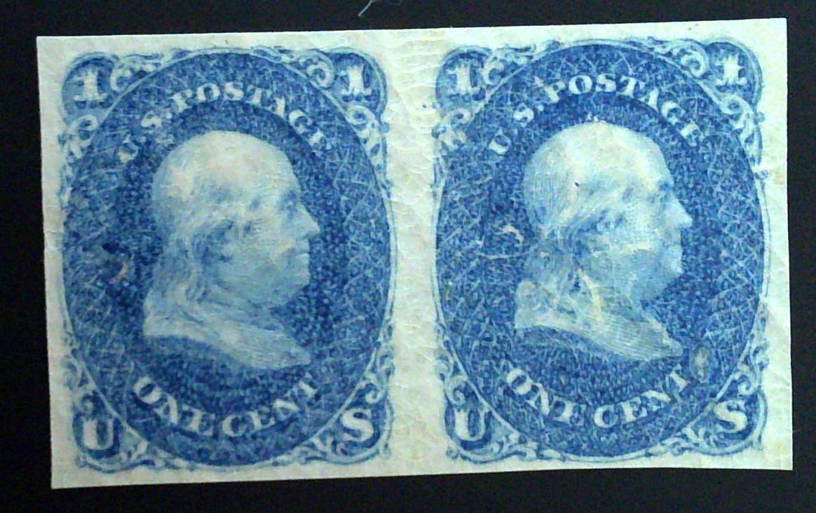 Scott #63TC5n - 1c Blue - Franklin - Plate on wove paper - Horiz. pair ...