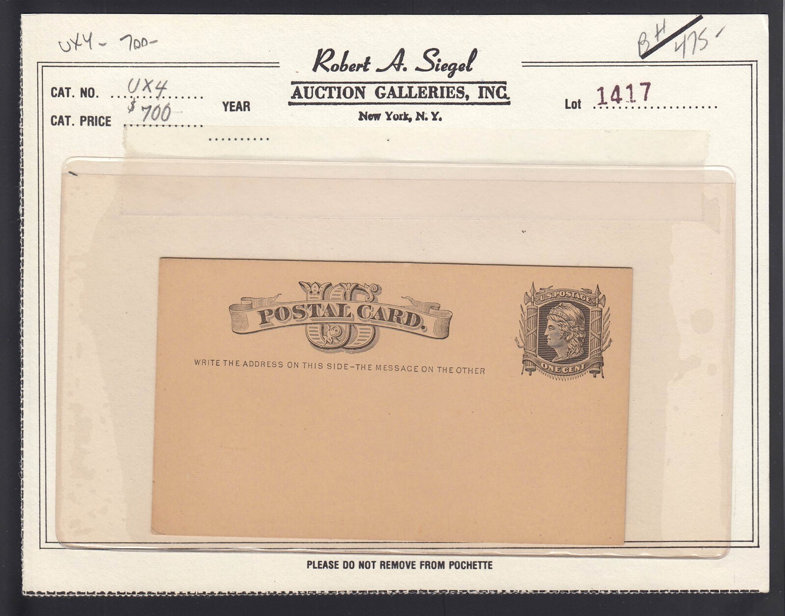 UX4, UPSS #S3 CLEAN FACE Postal Card, UPSS Cat. $775.00+ - SIEGLE Lot ...