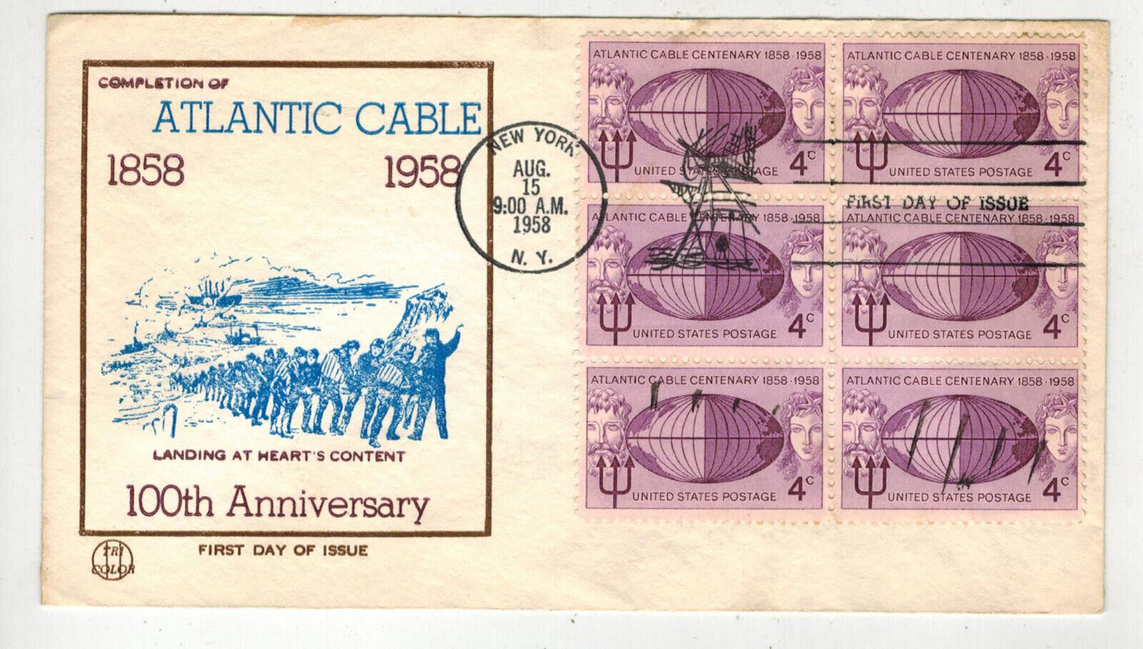 1958 Rare Block of 6 FDC 1112 Laying of Atlantic Ocean Cable Tri Color ...