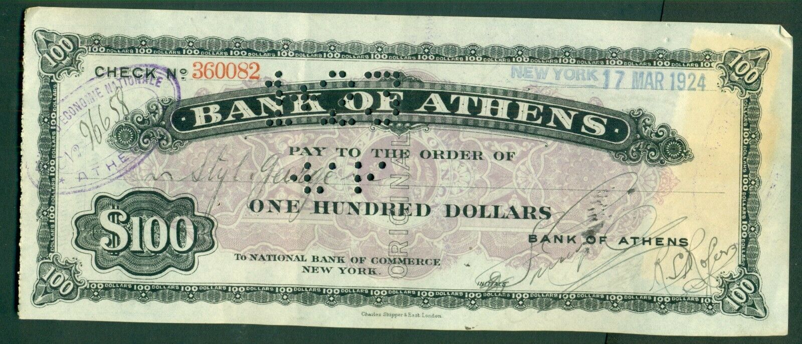 Greece, 1924, $100 Bank Of Athens Check, Revenues Reverse, VF / HipStamp