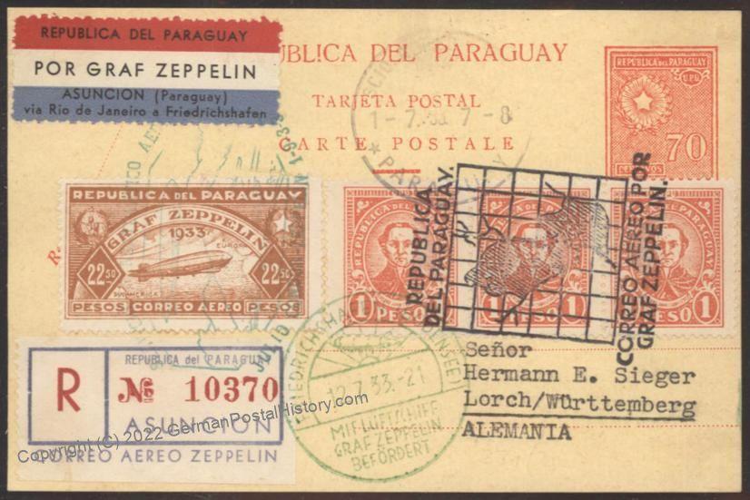 Paraguay 1933 Graf Zeppelin 3.SAF South America Flight Mi319 Germany ...