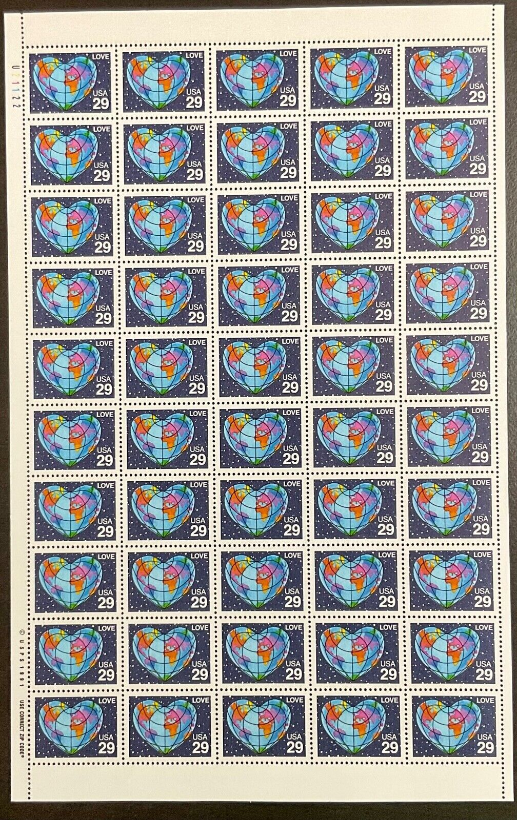 2535 Love Earth Stamp MNH 29 c Sheet of 50 FV $14.50 1991 GREAT FOR ...