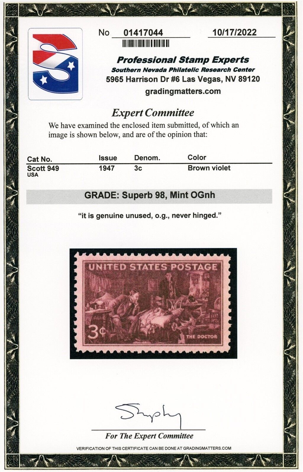 US Stamp #949 Doctors 3c - PSE CERT - Superb 98 - MOGNH - SMQ $90.00 ...