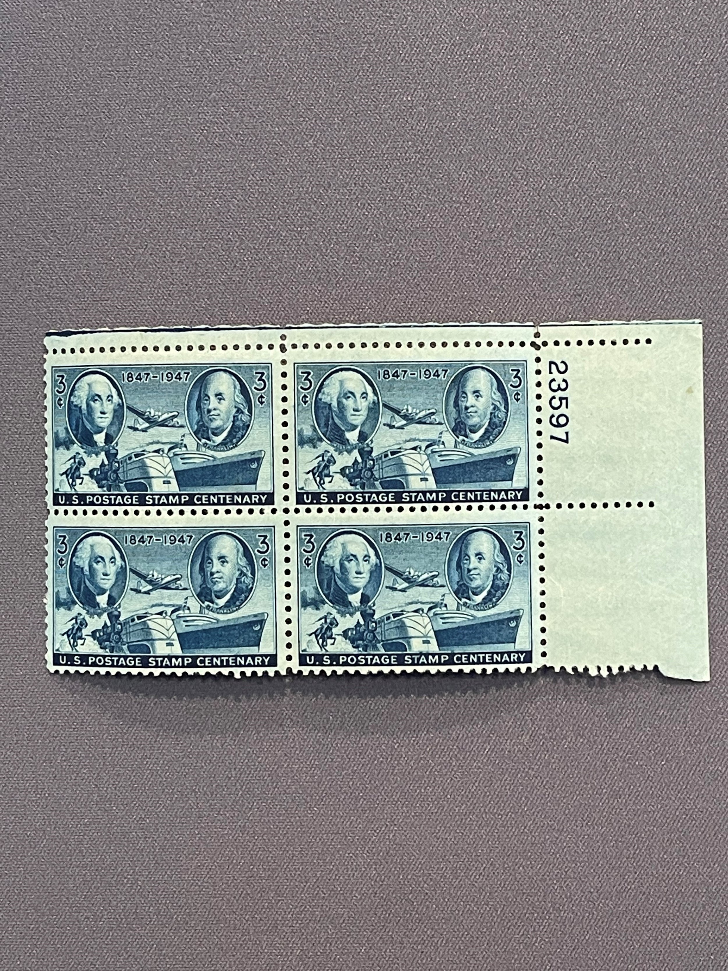 947, US Postage Stamp Centenary, Plate Block, Mint OGNH, CV $2.25 ...