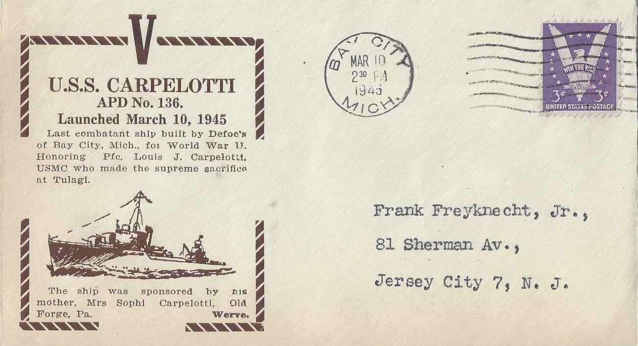 US Navy Cover USS Carpelotti APD 136 1944 Launch | United States, Stamp ...