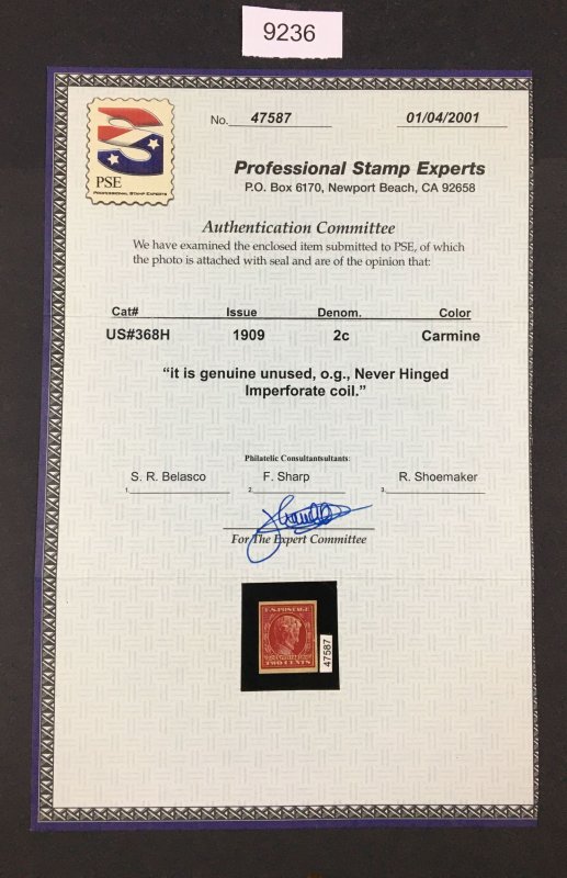 US Stamps # 368h Imperf Coil Mint OG NH **Pse Cert** LOT #C 9236 ...