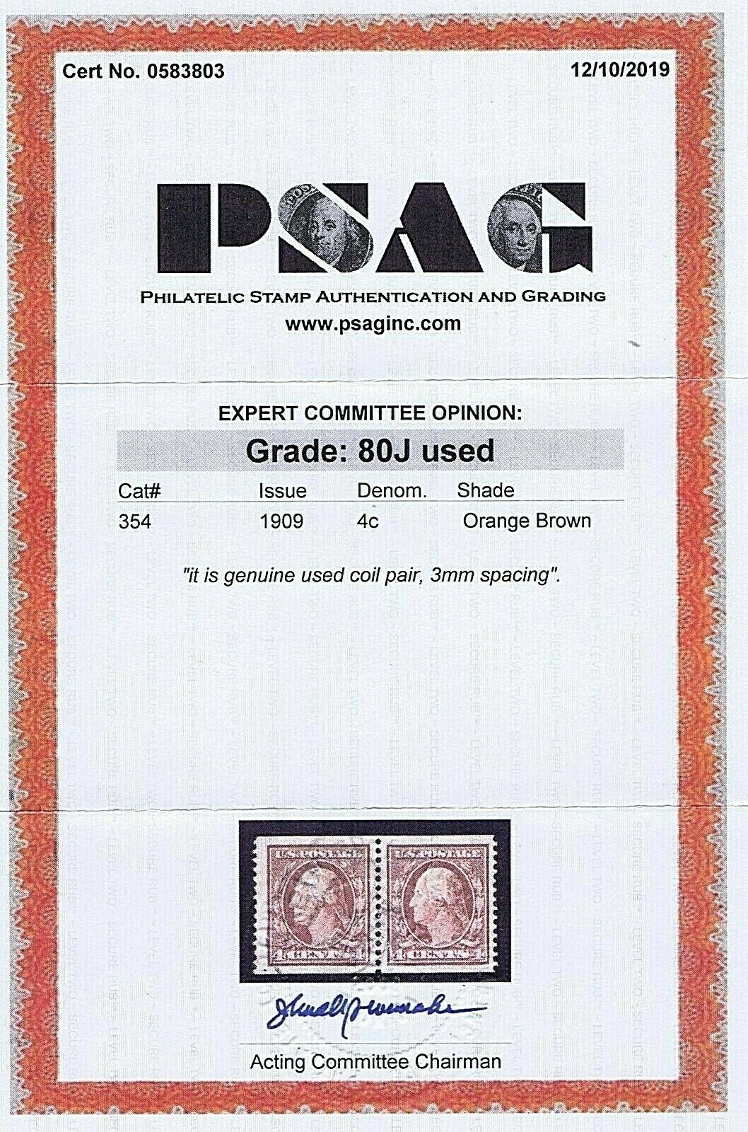 Scott# 354 Used Horizontal Coil Pair, 4c Washington, 1909, 2019 Psag ...