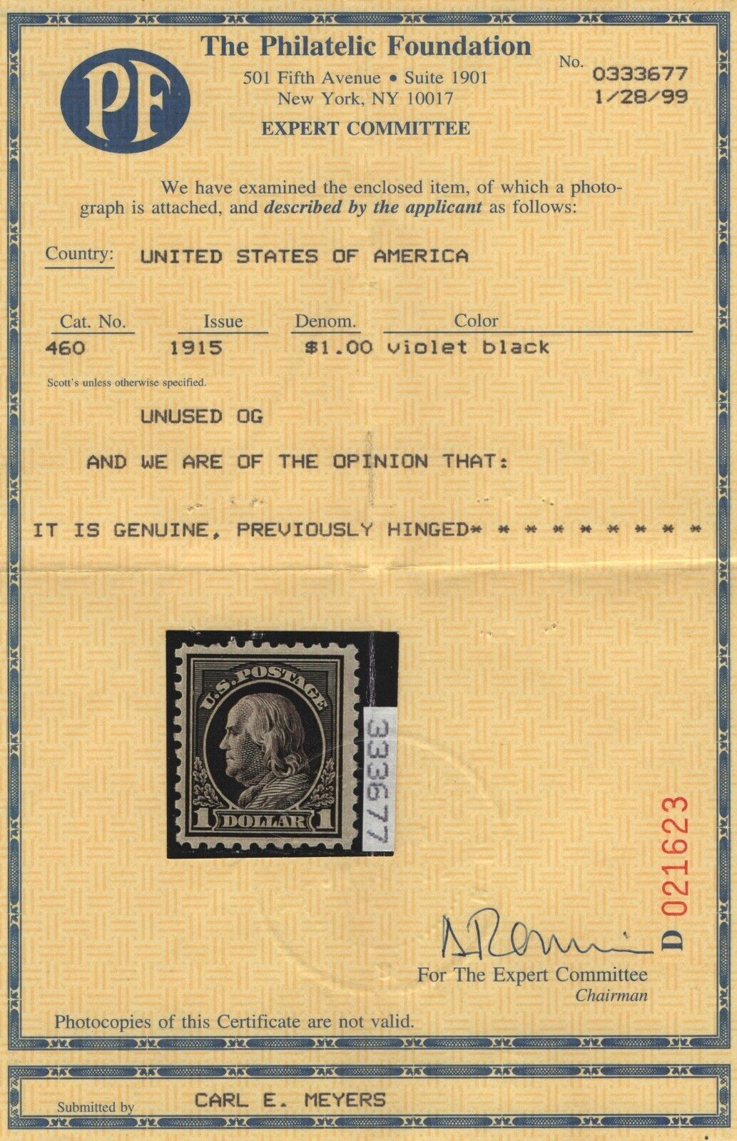 460 VF OG PF cert sound lightly hinged with nice color cv $ 700 ! see ...