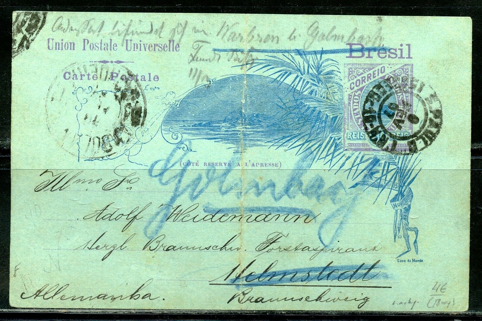 Brazil Rhm# Bp-48 PSC SAO Paulo, 2/8/1897 Postcard to Helmstedt Germany ...