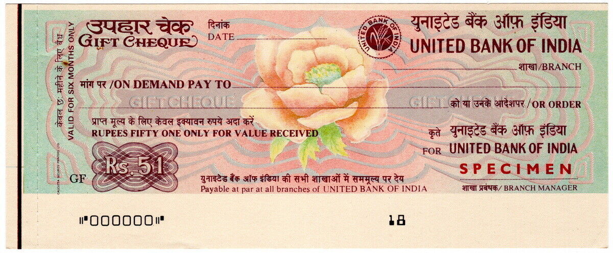 (I.B) India Revenue : United Bank of India Gift Cheque 51R (specimen ...