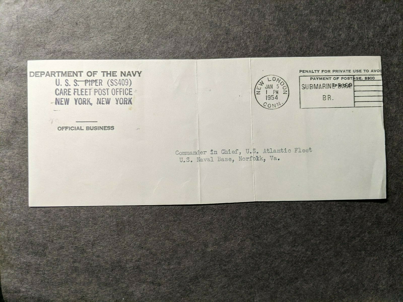 Submarine USS PIPER SS-409 Official Naval Front 1954 New London, CT ...