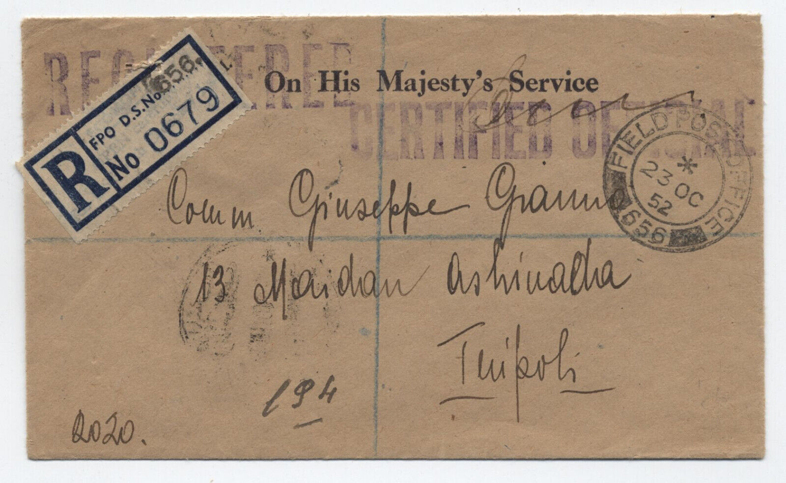 1952 British field post office registered official cover to Tripoli ...