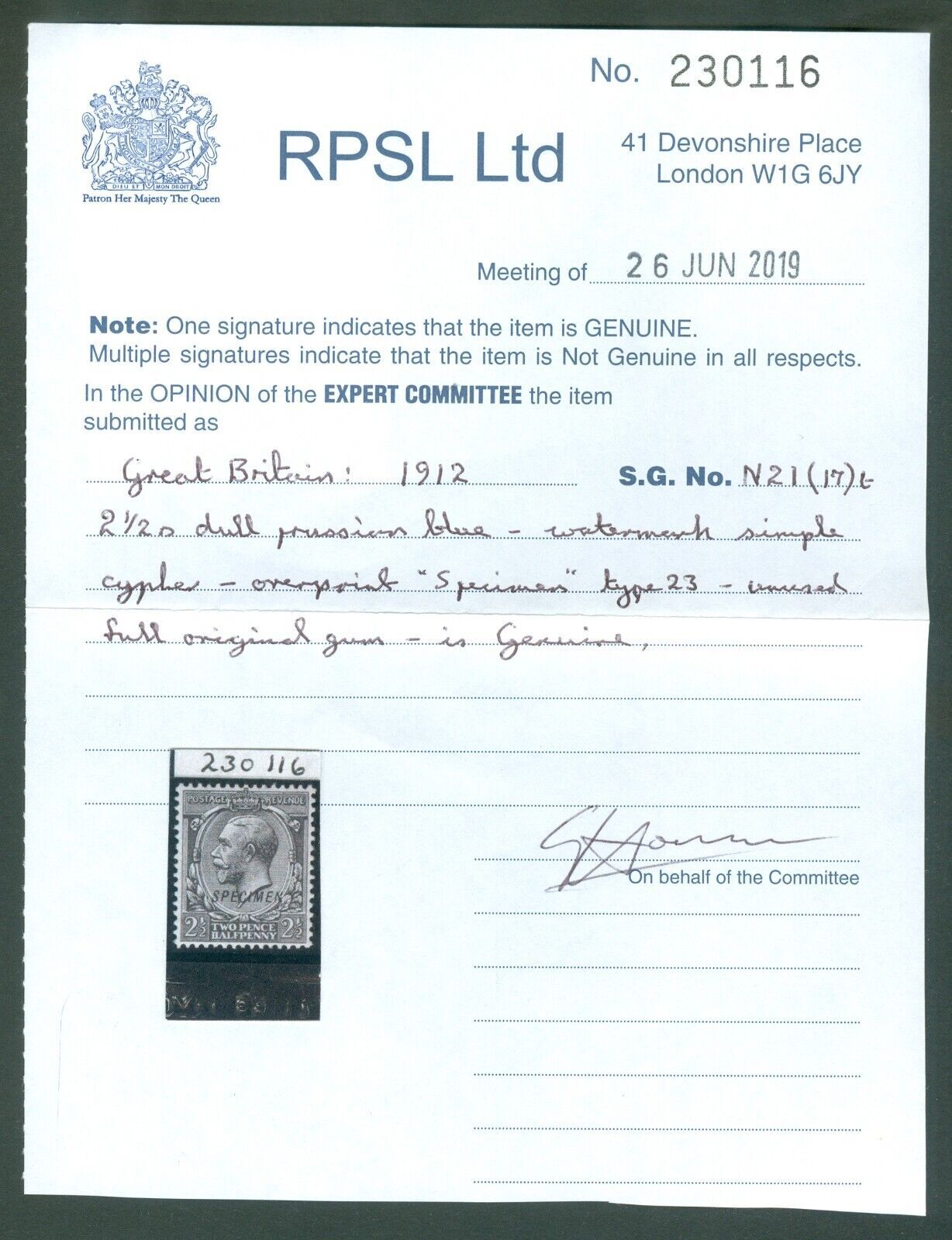 SG 373a,s 2½d dull Prussian blue, overprinted specimen, type 23. Fine ...