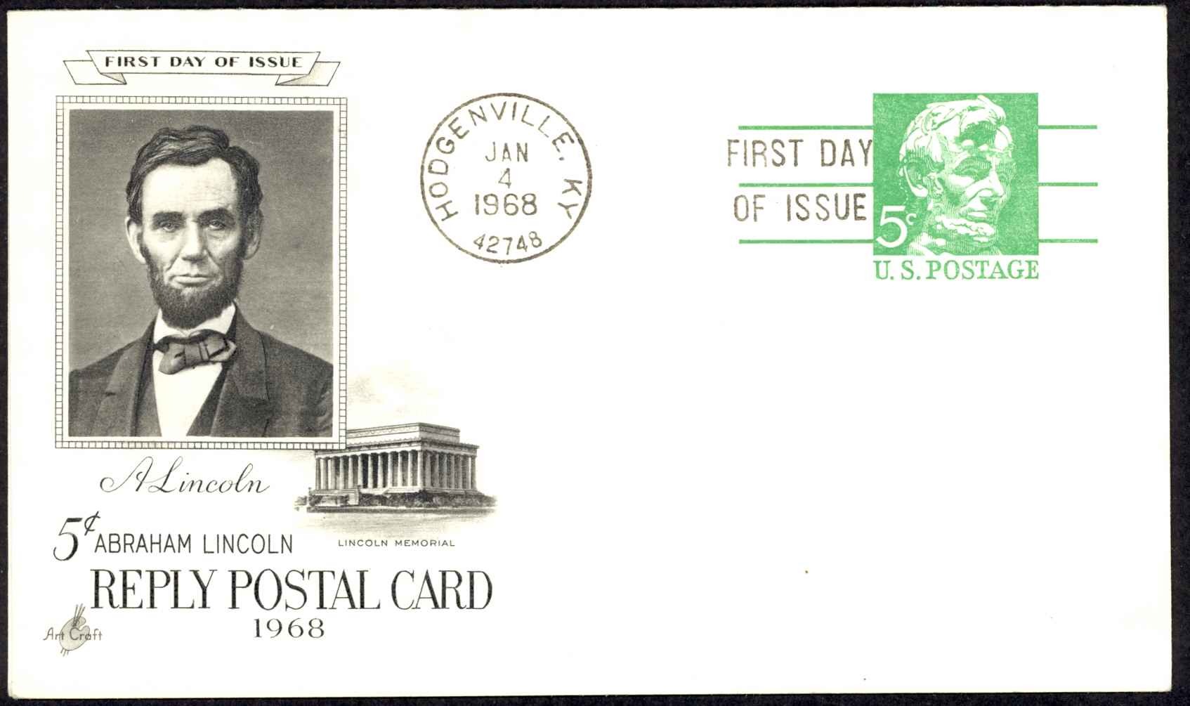 USA Sc# UY21 FDC Paid Reply Postal Card (a) 1968 1.4 5c + 5c Lincoln ...
