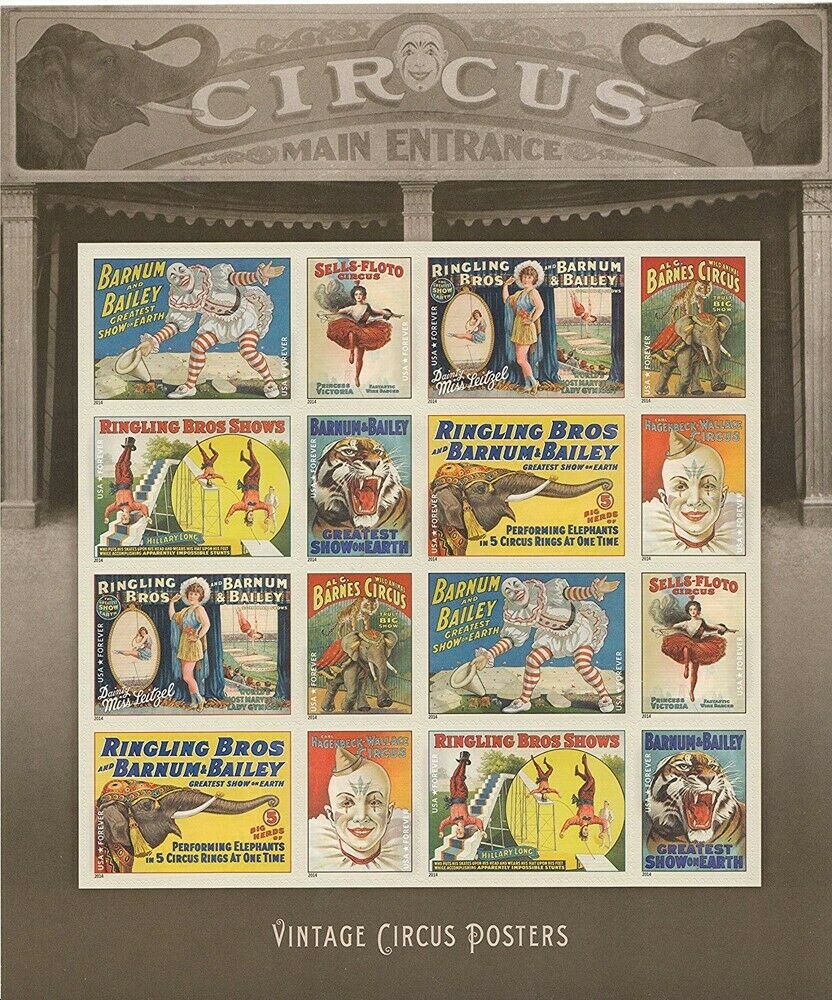Vintage Circus Posters Sheet of 16 Forever Stamps Postage Stamps Scott ...