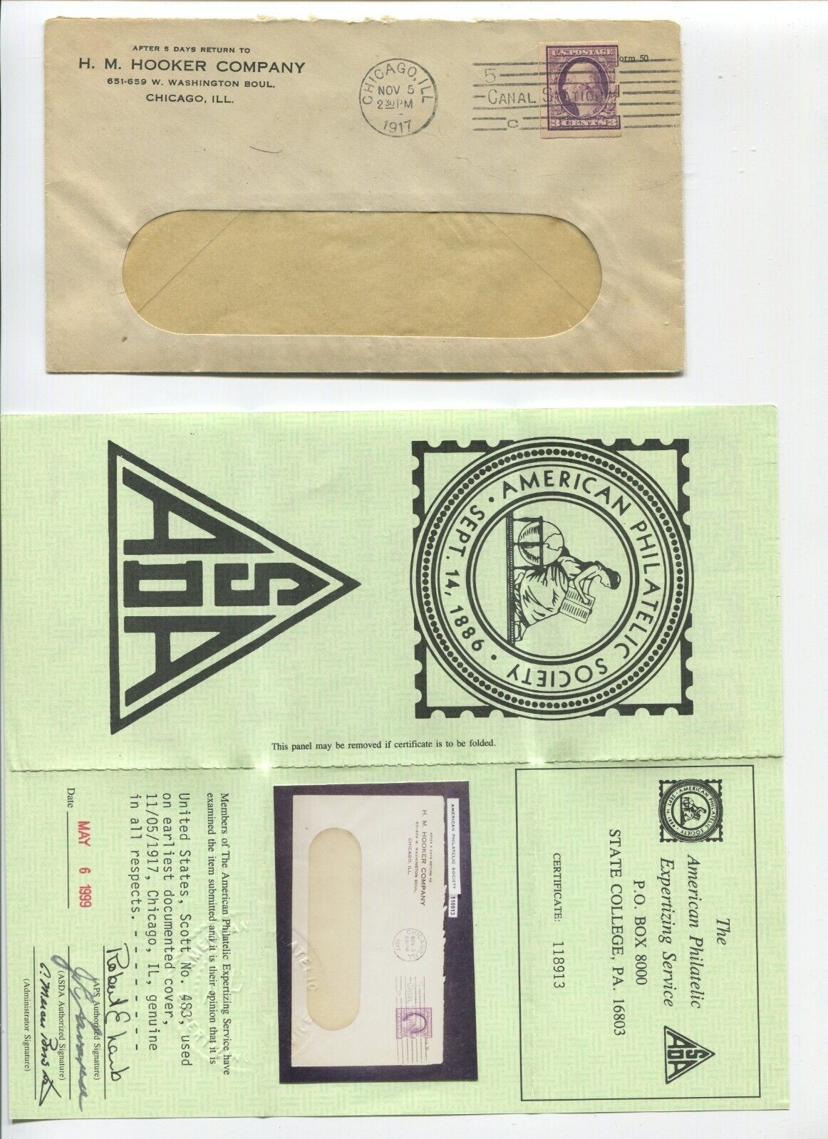 483 Schermack Used on NOV 5 1917 Cover w/APEX Cert (EDU at that time ...