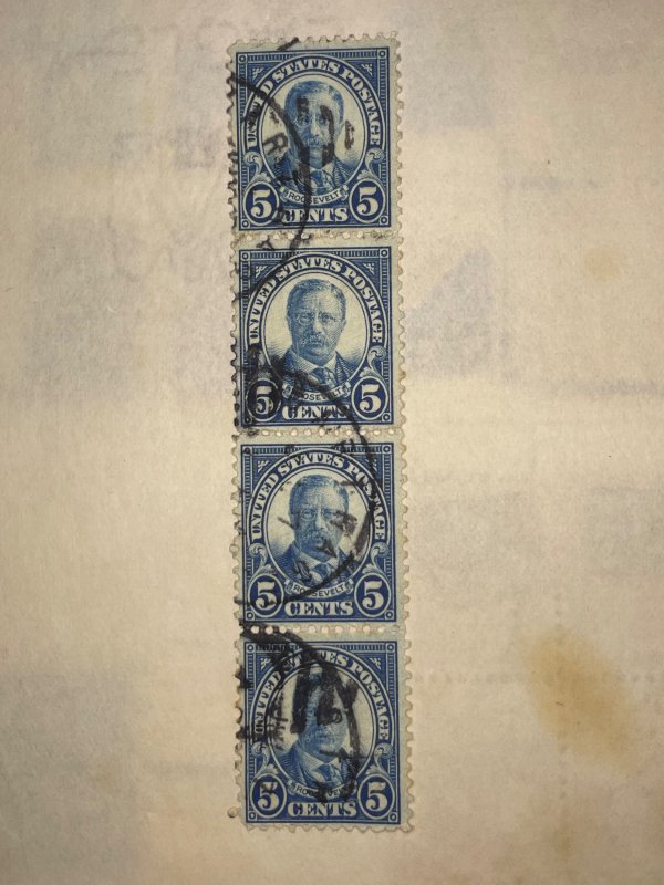 Scott # 586 1925 5 Cent Roosevelt stamps (4 in a vertical line ...