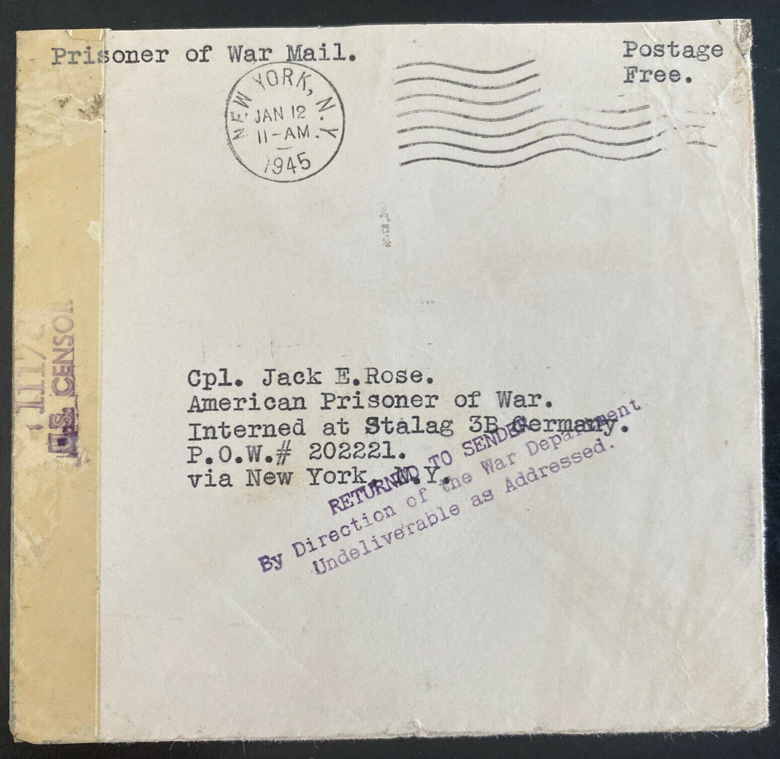 1945 USA cover to Germany POW Camp Stalag 3B Prisoner of War Capt Jack ...