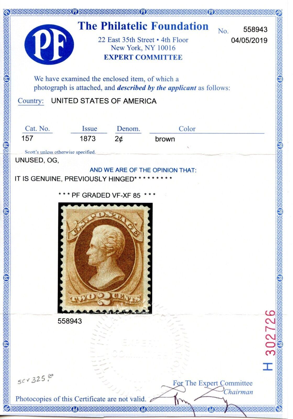 US Scott #157 Mint-Vf-Xf-Og-Lh Graded 85 W/ PF Cert (4/9/24 GP ...