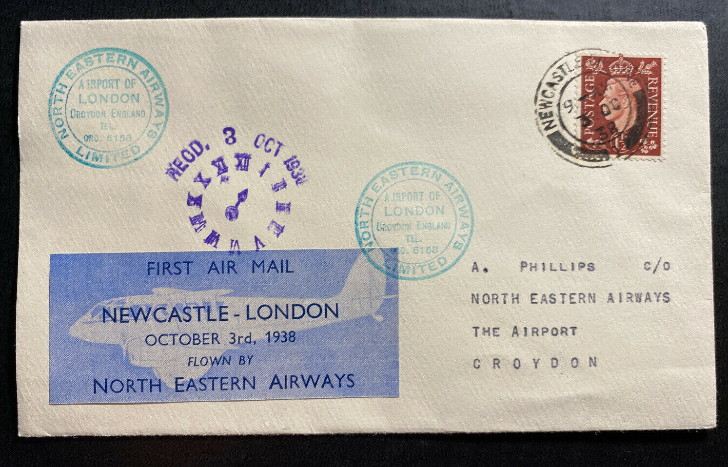 1938 Newcastle England First Airmail Flight Cover FFC To Croydon ...