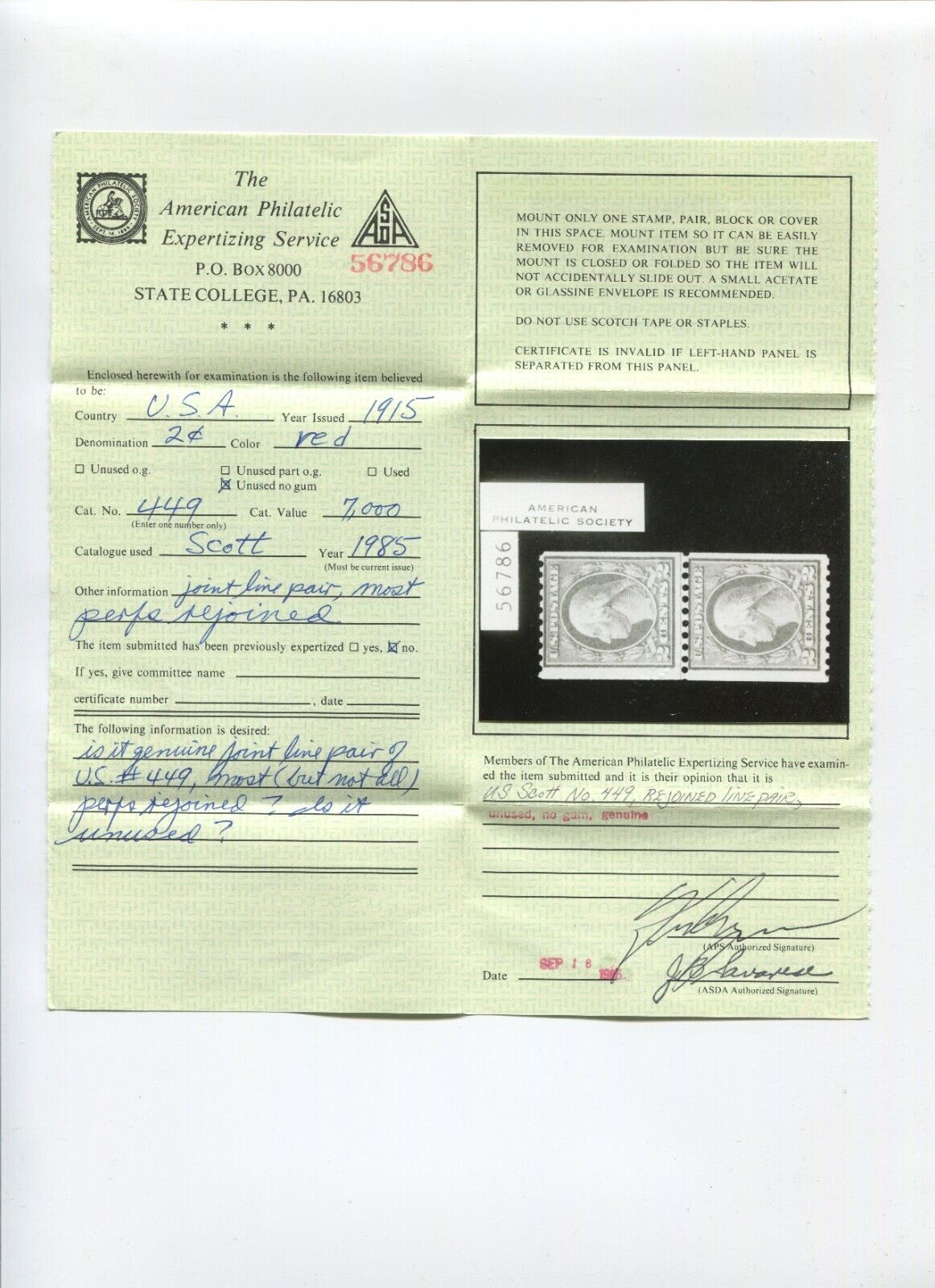 449 Washington Unused Coil Line Pair of 2 Stamps with APS Cert (Bz 984 ...