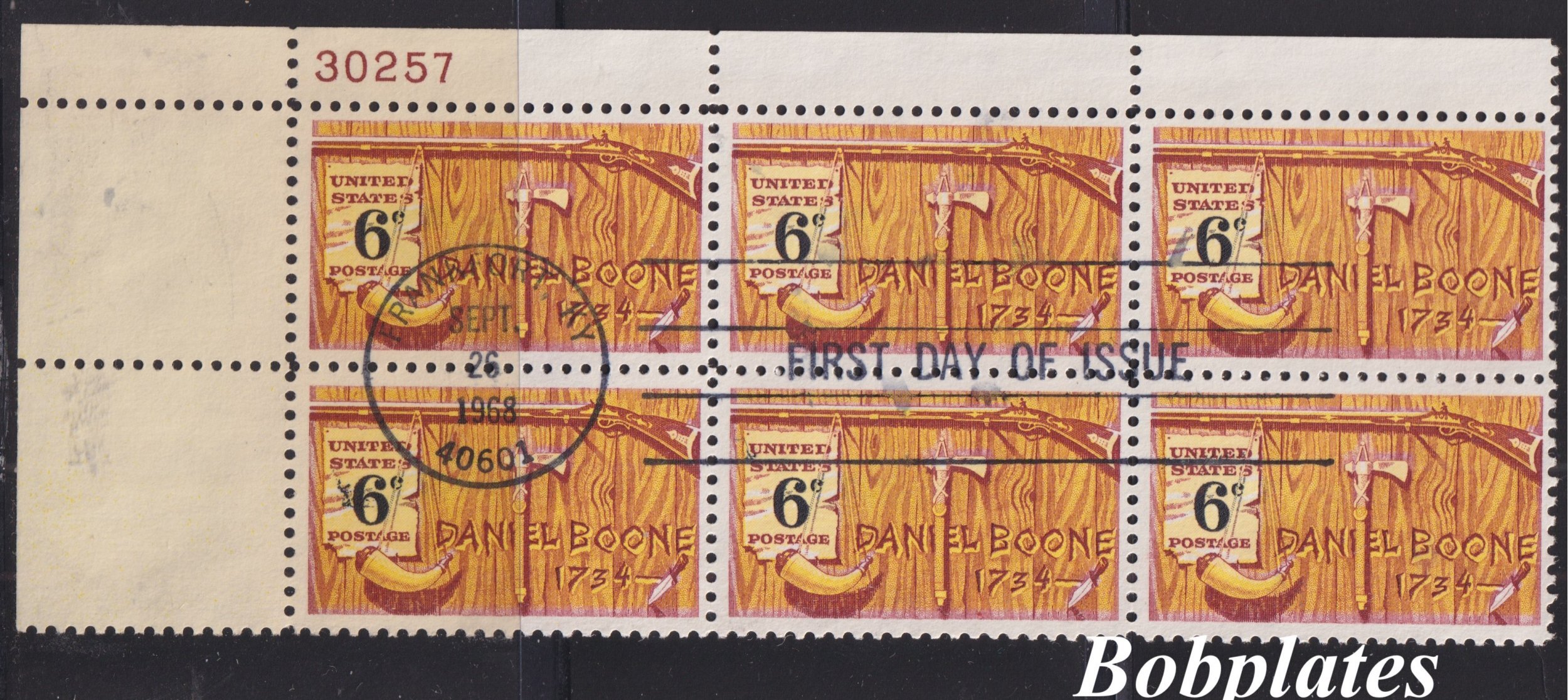 BOBPLATES US #1357 Daniel Boone Plate Block of 6 First Day Use Scarce ...