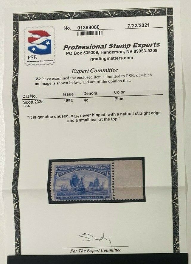 US Scott #233A Blue Color Error Mint-Vf-Og-Nh W/ PSE Cert (9/14/21 GP ...