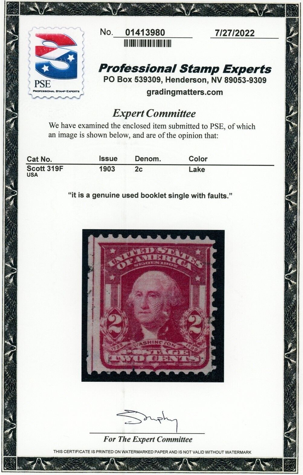 US Stamp #319F-q BP Washington 2c - PSE Cert - USED - Single w/ Faults ...