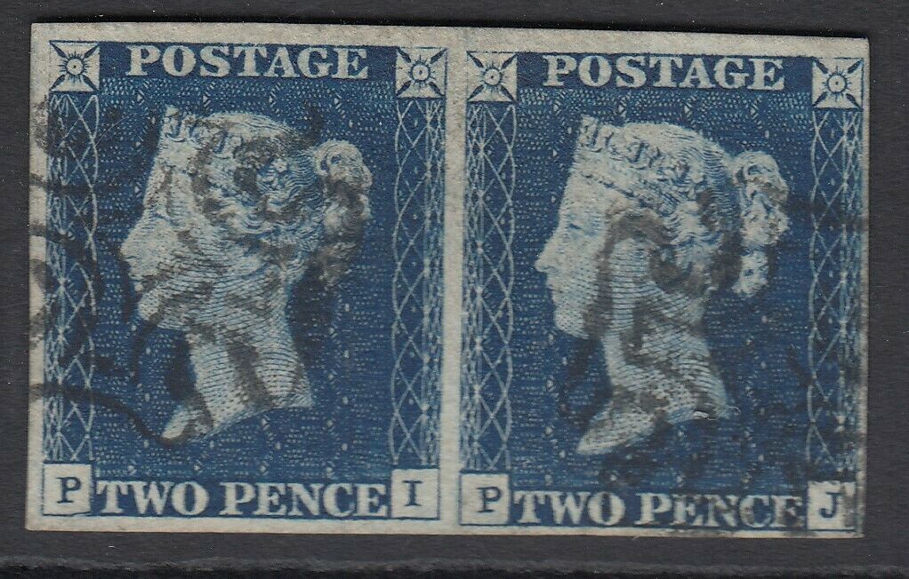 SG 4 1840 2d deep full blue plate 1 lettered PI-PJ. Very fine used with ...