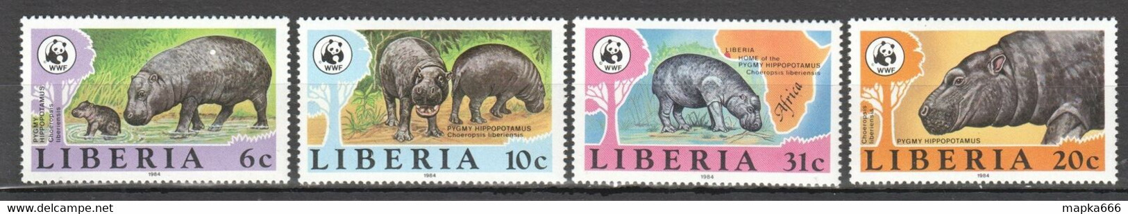 1984 Liberia Wwf Wild Animals Fauna Pigmy Hippos #1315-18 ** Tk025 ...