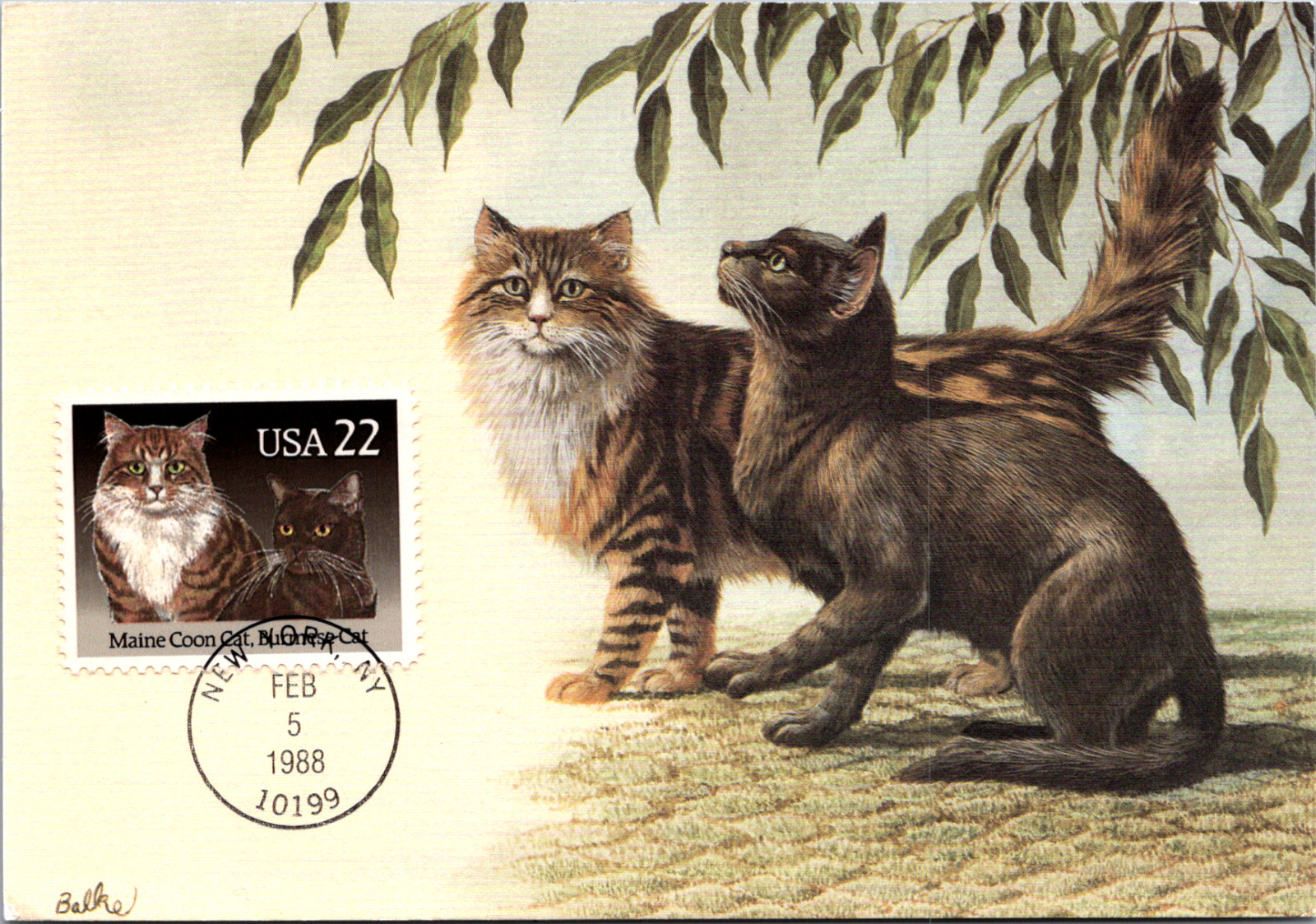 Maine Coon & Burmese cat first day postcard Don Blake painting 1988 ...