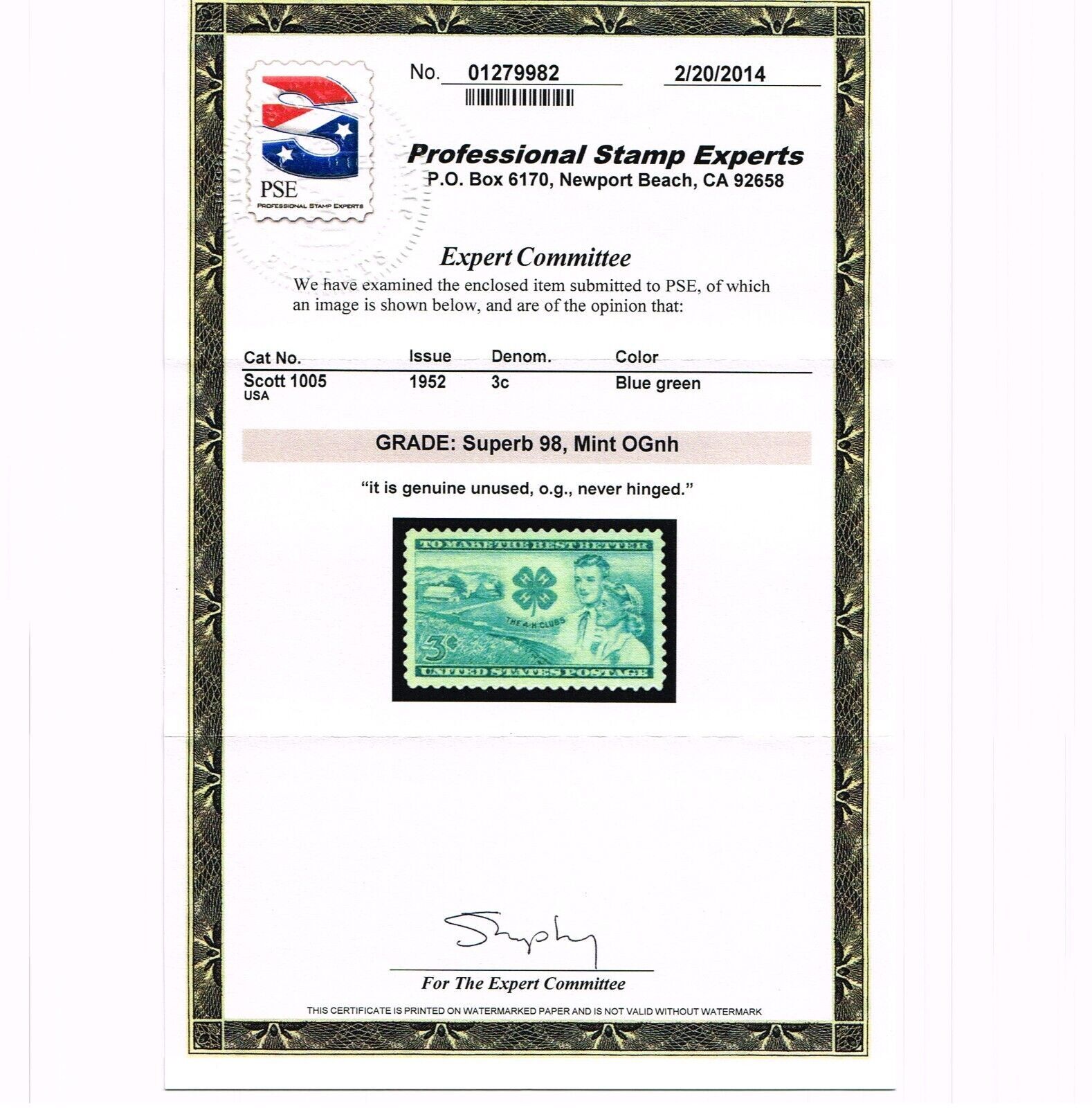 Exceptional Genuine Scott #1005 Mint Pristine OG NH PSE Cert Graded ...