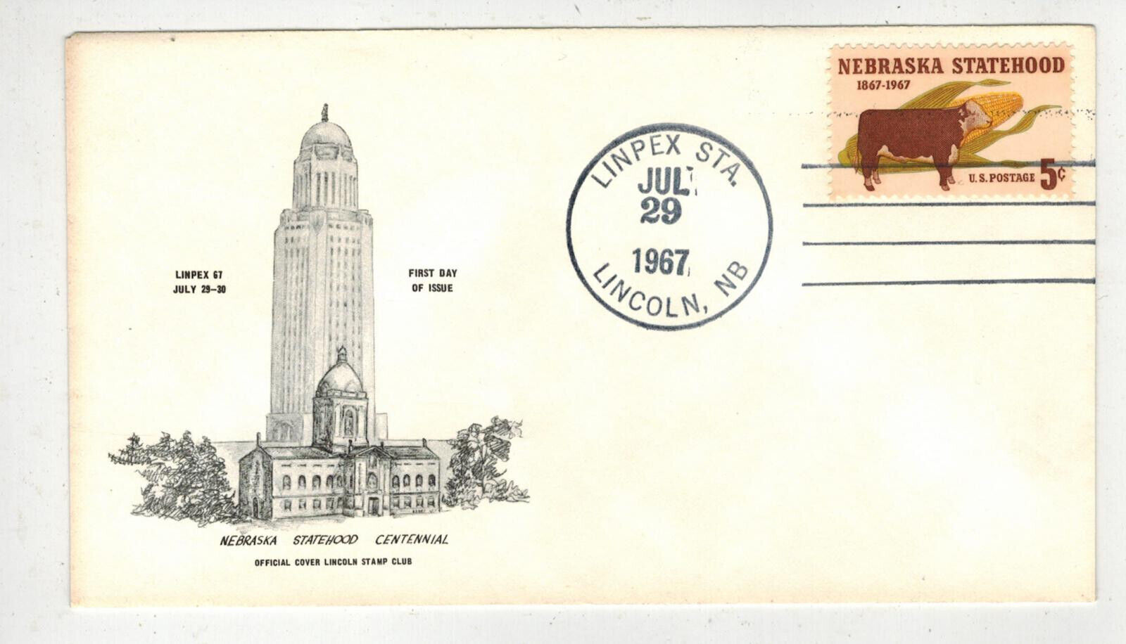 1967 Nebraska Centennial 1328 Lincoln Stamp Club Cachet & Nebraska Show ...