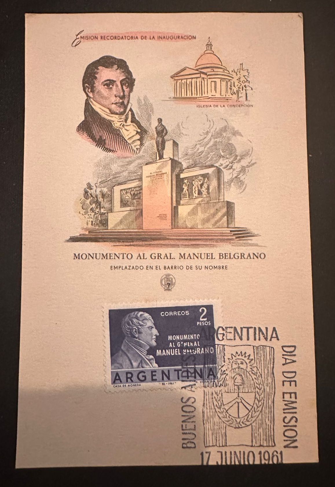 CM) 1961. Argentina. Statue. FDC. Monument to General Manuel Belgrano ...