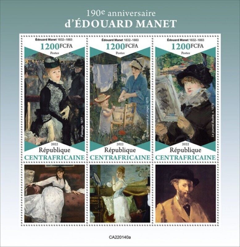 Central Africa - 2022 Impressionist Edouard Manet - 3 Stamp Sheet - CA220140a | Worldwide ...