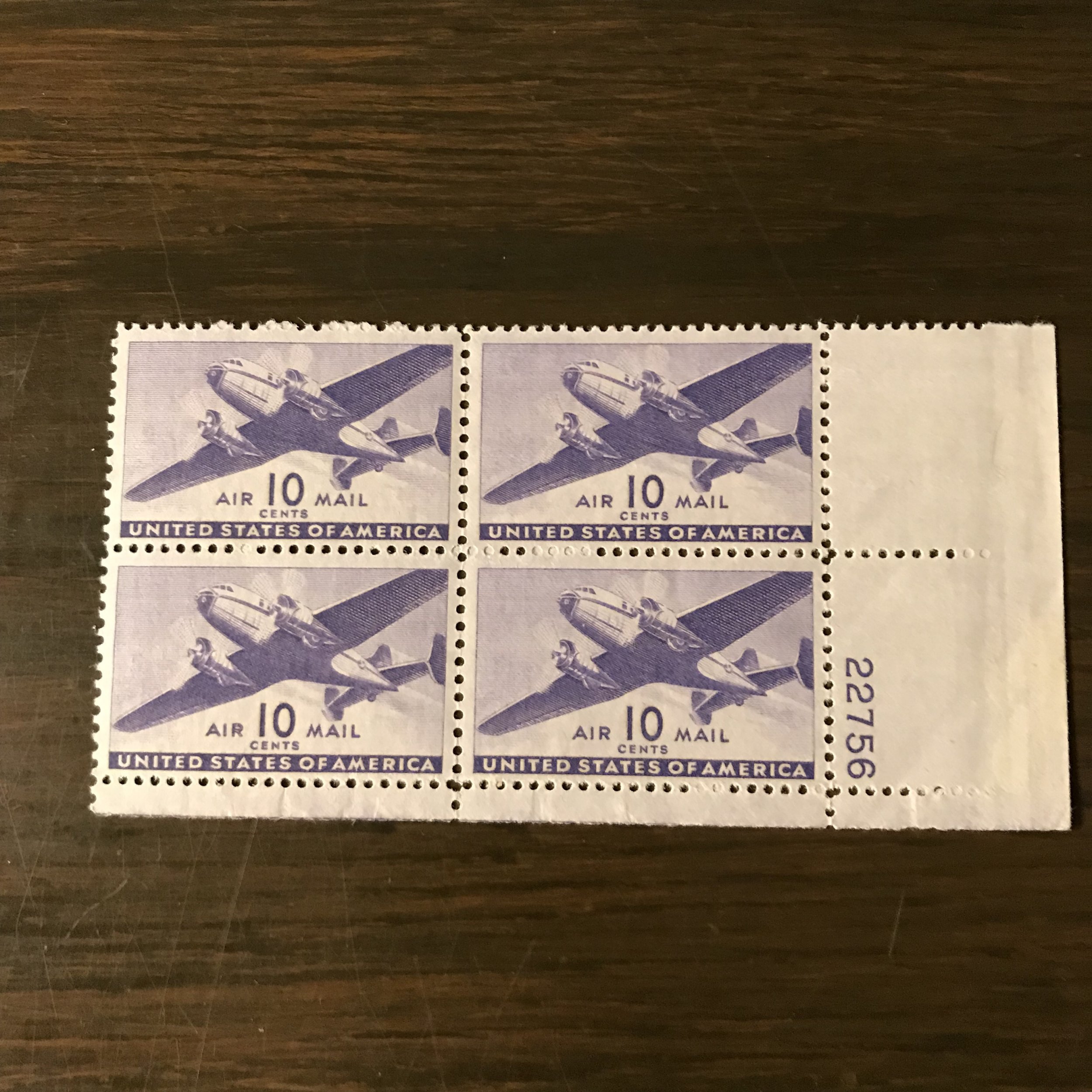 US SCOTT C27 - PB - 10¢ Twin Motored Transport (2) - P# 22756 - MNH, VF ...