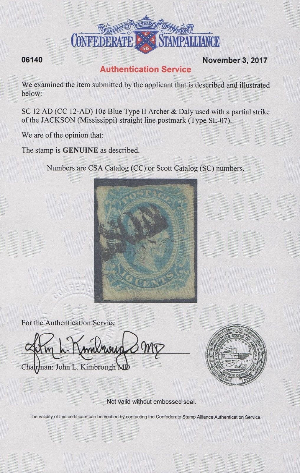 Genuine Confederate CSA Cert Scott #12 Used Blue Die-B Jackson ...
