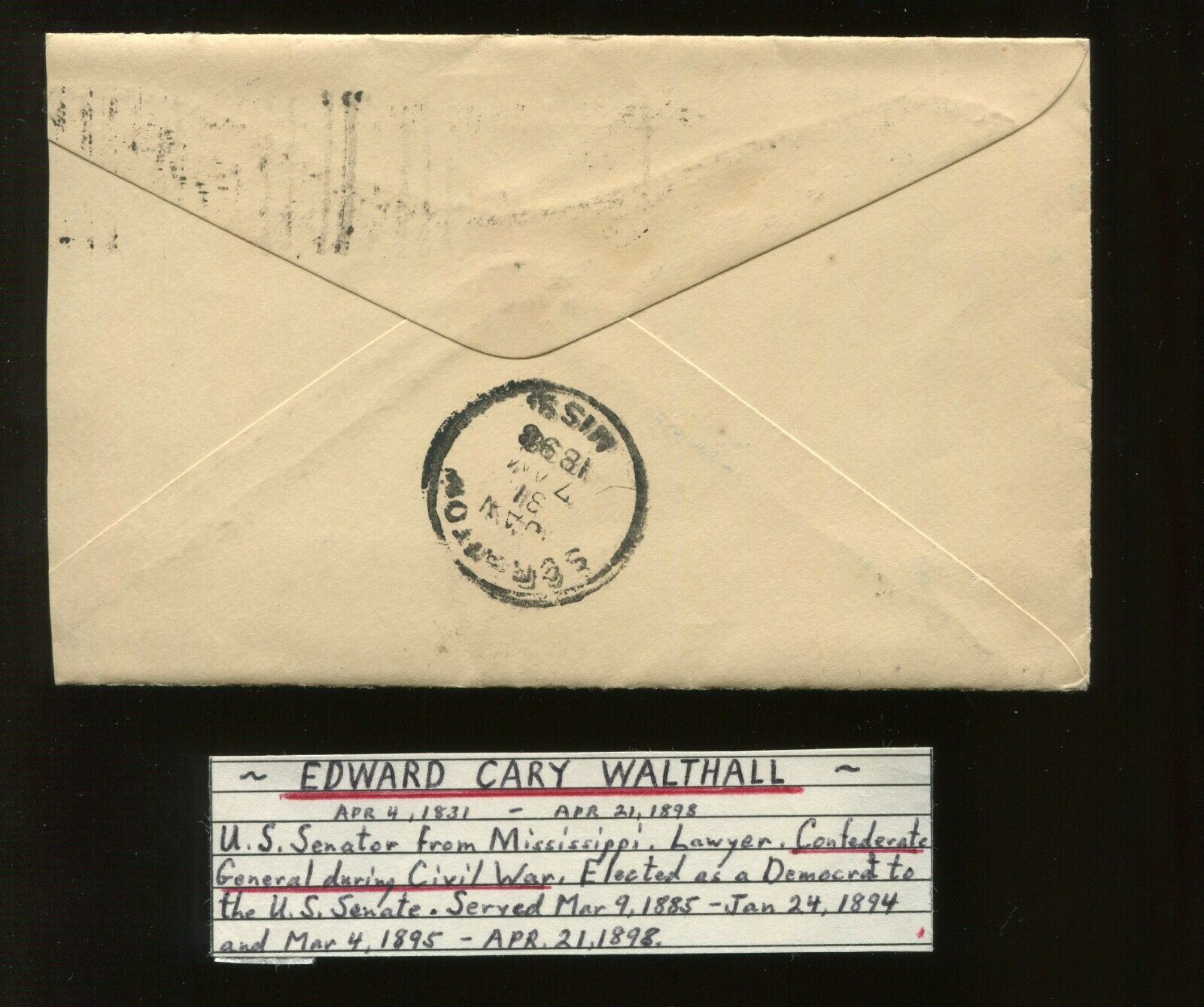 Confederate General EDWARD CARY WALTHALL Signed Frank Cover & Letter ...