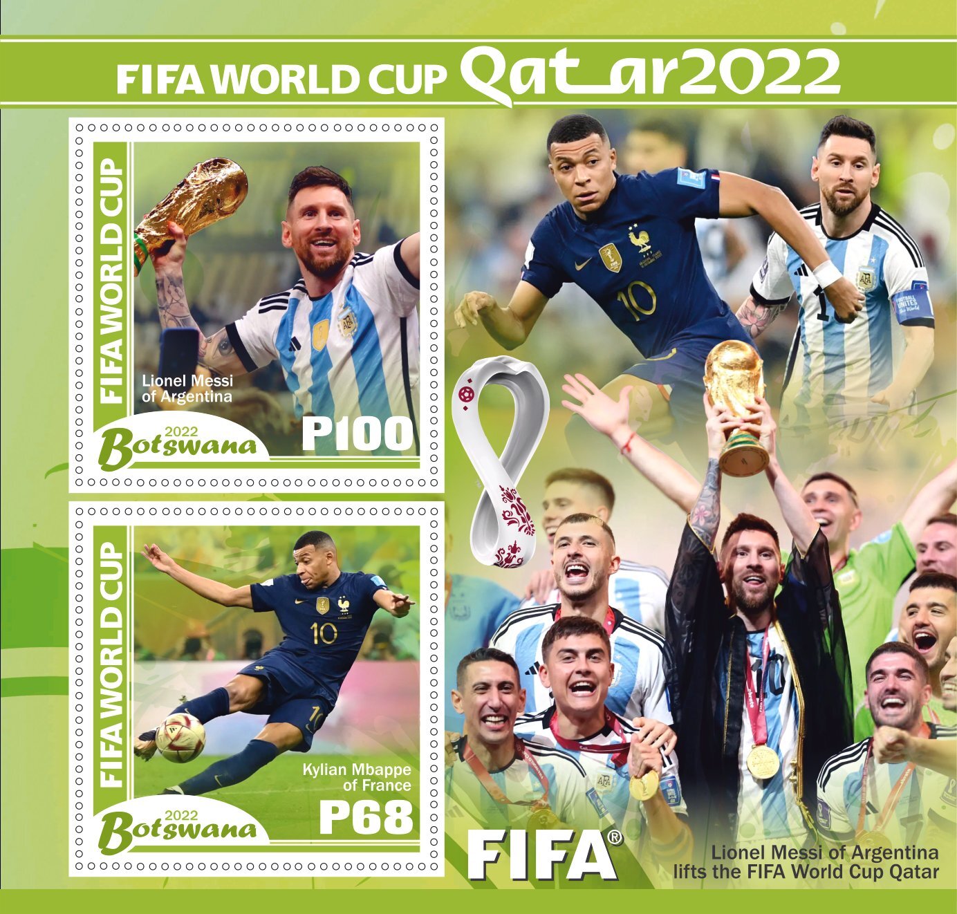 Stamps.Soccer Qatar 2022 Lionel Messi 2023 year, 1+1 sheets perforated ...