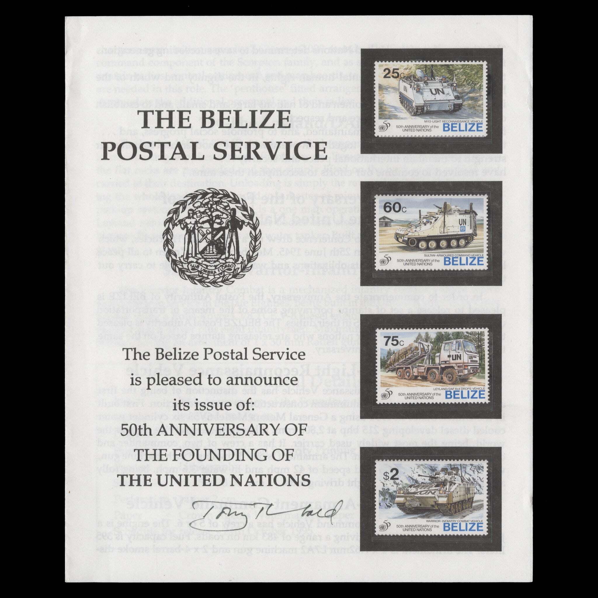 Belize 1995 United Nations Anniversary flyer signed by stamp designer ...
