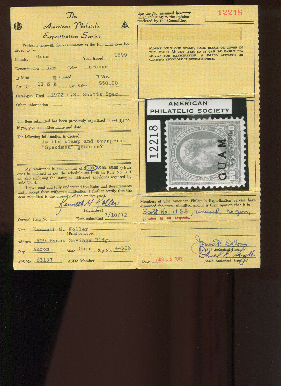 Guam Scott 11S Specimen Overprint Unused Stamp w/APS Cert (Stock 11 ...