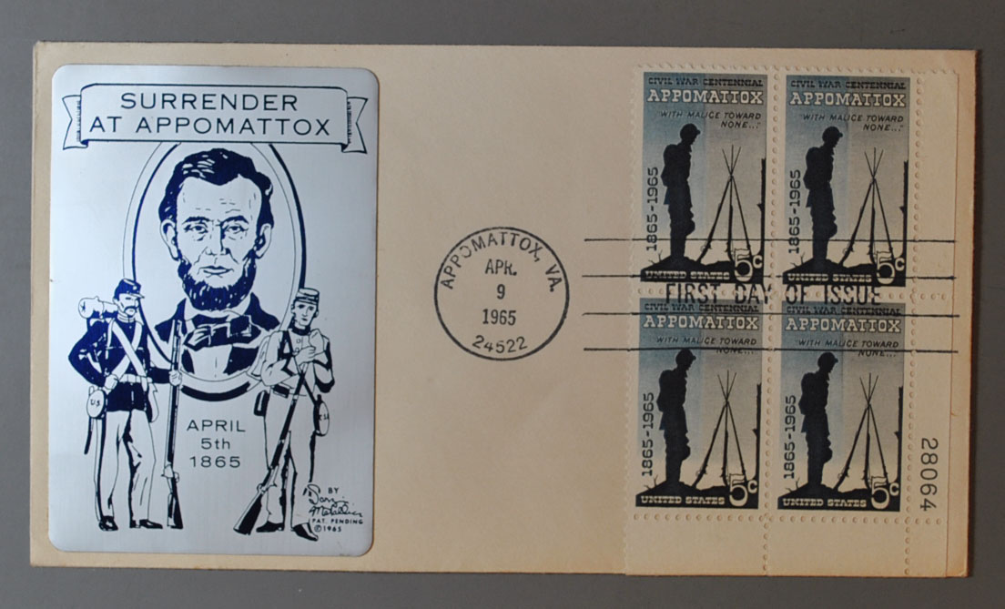 #1182 5¢ Plate Block Surrender at Appomattox Sarzinmetal Cachet ...
