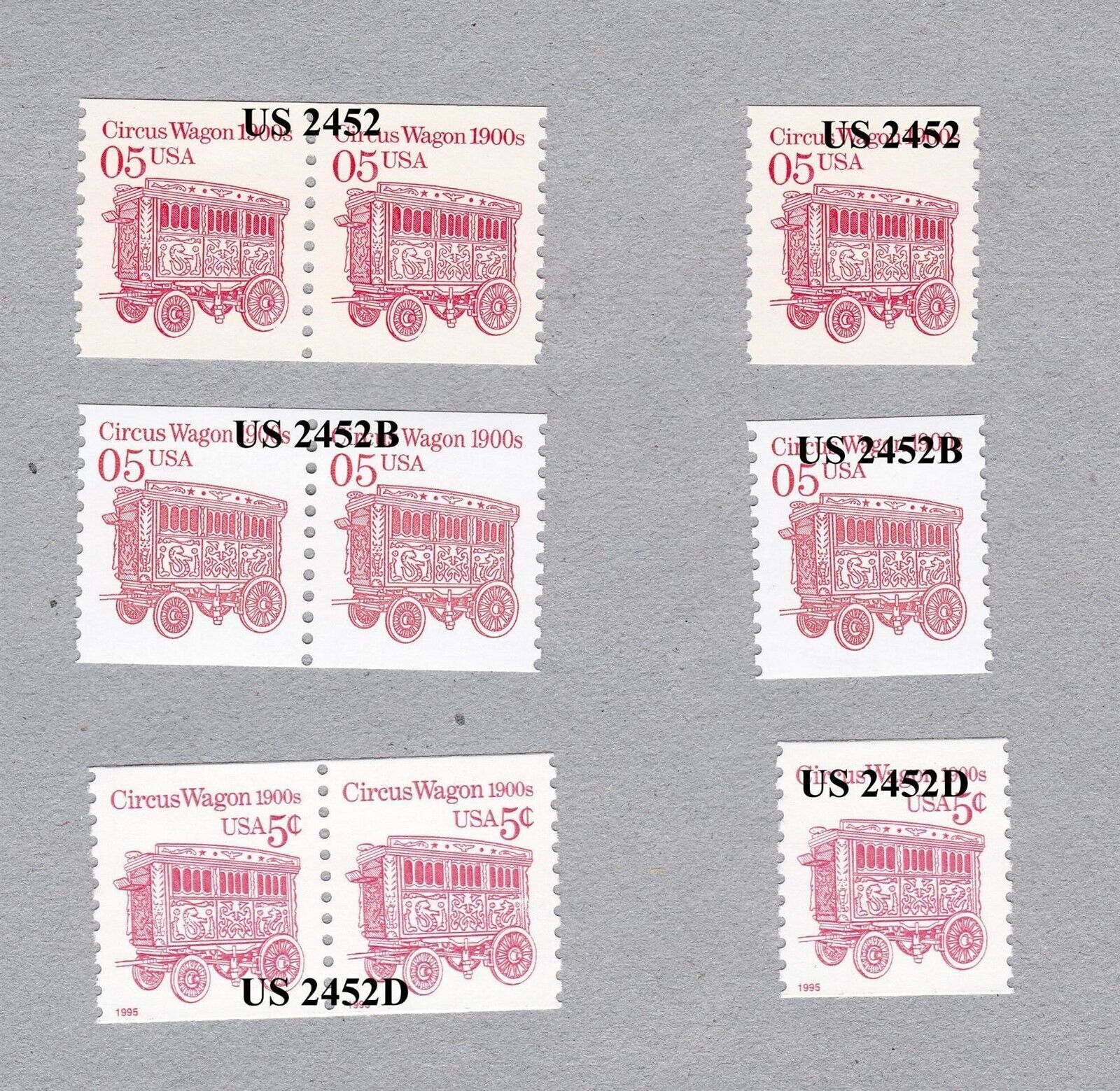 Triple 5c Circus Wagon US #2452, 2452a, 2452B, 2452Bf, 2452D, 2452Dg ...