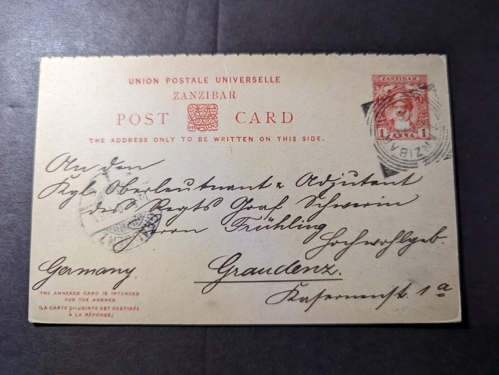1900 British Zanzibar Postcard and Reply Card Cover to Grandenz Germany ...