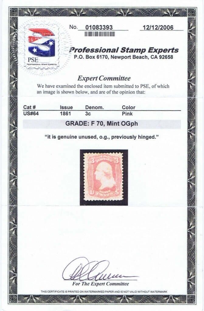 US 64 Unused OG Three Cent Grade 70 PH With PSE Cert! | United States ...