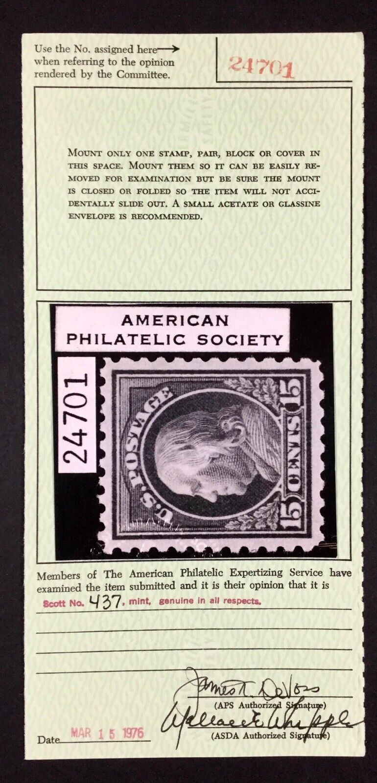 US Stamps #437 Mint OG NH XF APS Cert LOT #80867 | United States ...