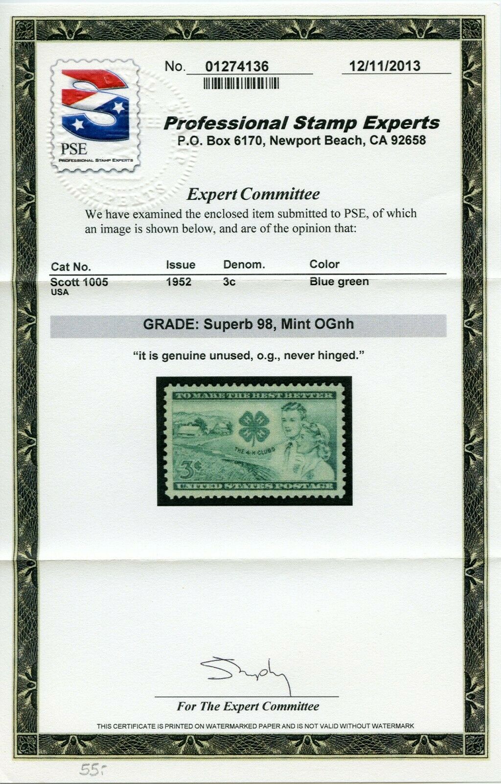 US SCOTT #1005, Mint-Sup-OG-NH Graded 98 PSE Certificate SMQ $55 (DFP ...