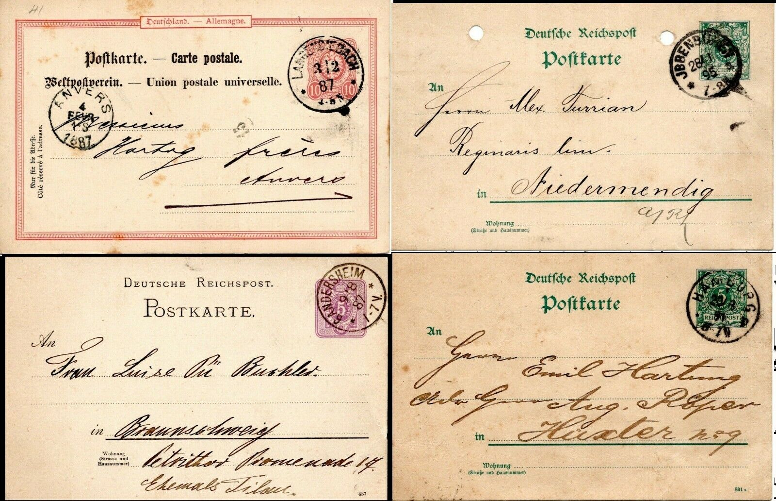 Germany 1887 - 1900 4 Reich Post Commercial Preprinted Postcards Anvers ...